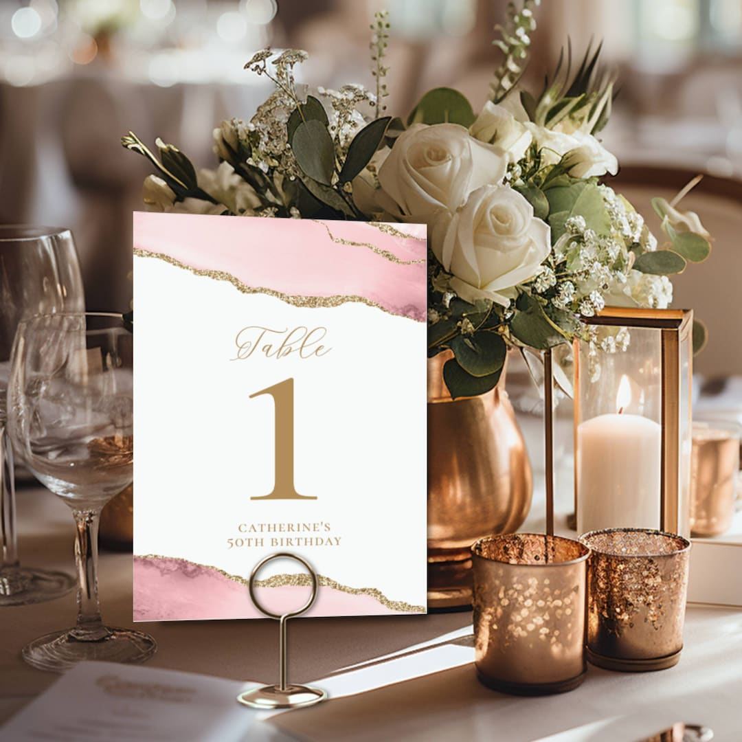 Pink and Gold Agate Editable Table Numbers 4x6 & 5x7, Blush Pink and ...