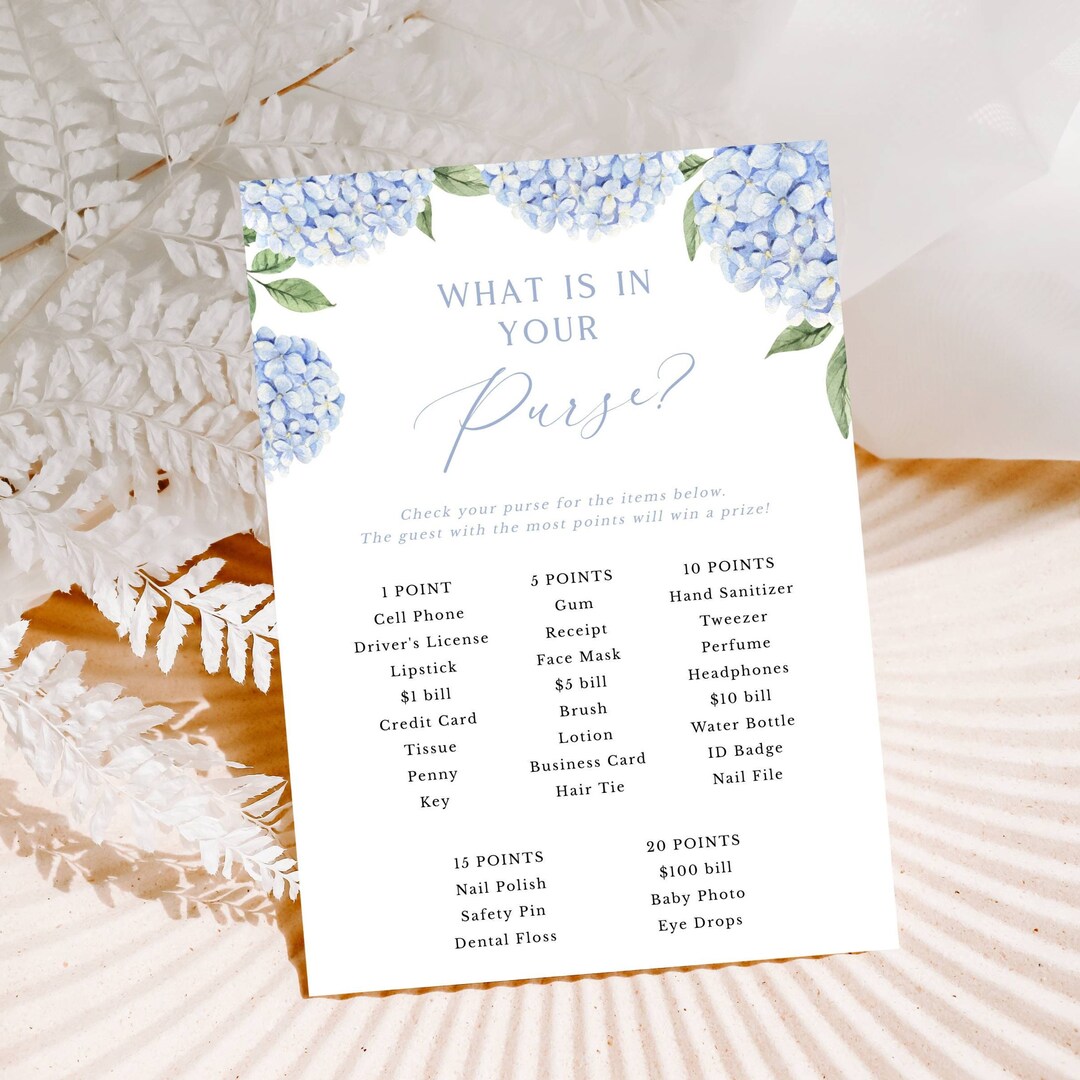 Blue Hydrangea Printable What's in Your Purse Shower Party Group Game ...