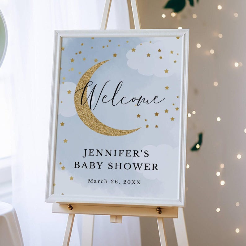 Blue Over the Moon Editable Baby Shower Welcome Sign, Gold Glitter Moon ...