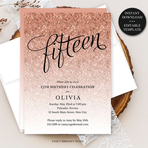 Editable Simple 15th Birthday Party Invitation Download | Etsy