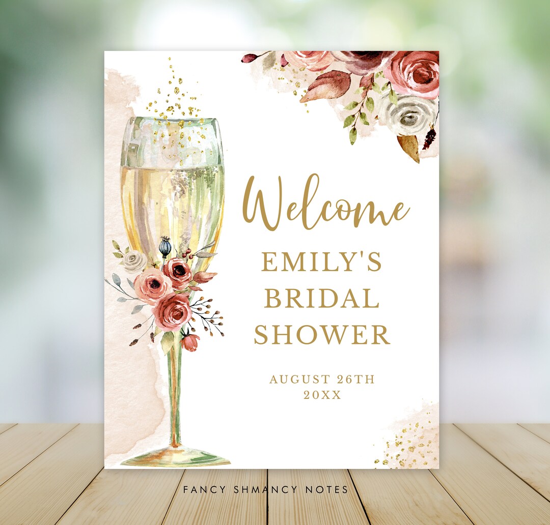 Champagne Glass Editable Welcome Sign Rustic Terracotta Fall Flowers ...