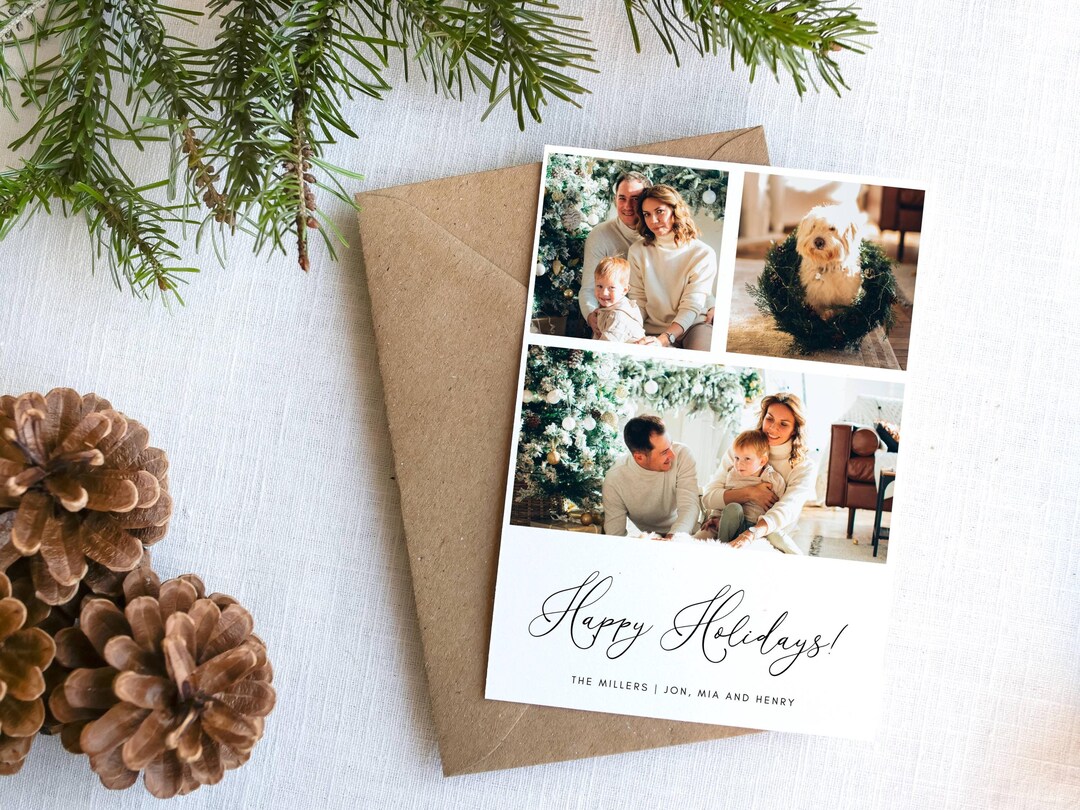 Three Photo Vertical Holiday Card Template Editable Double-sided Design ...
