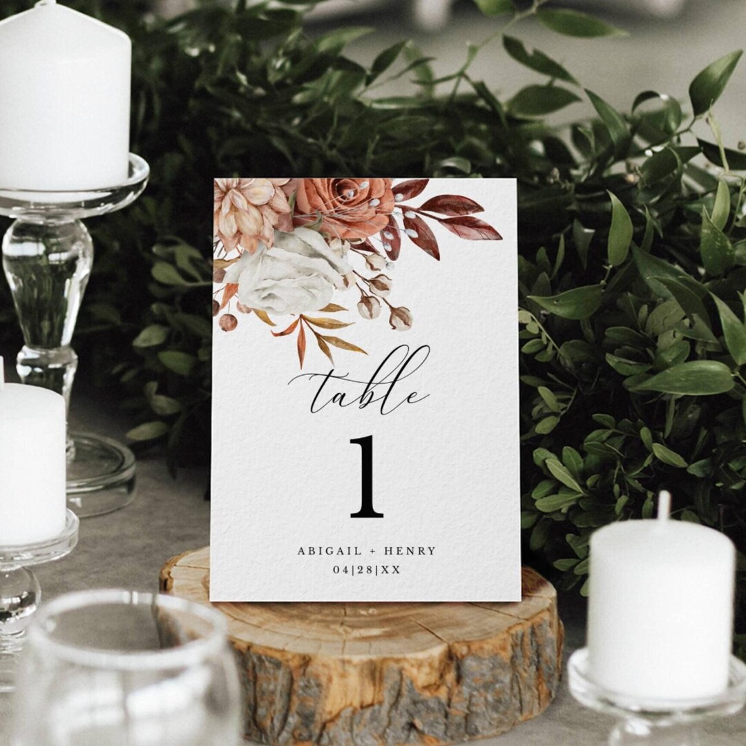 Fall Table Number Cards, Terracotta Flowers Rustic Autumn Floral ...