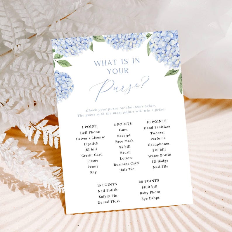 Blue Hydrangea Printable What's in Your Purse Shower Party Group Game ...