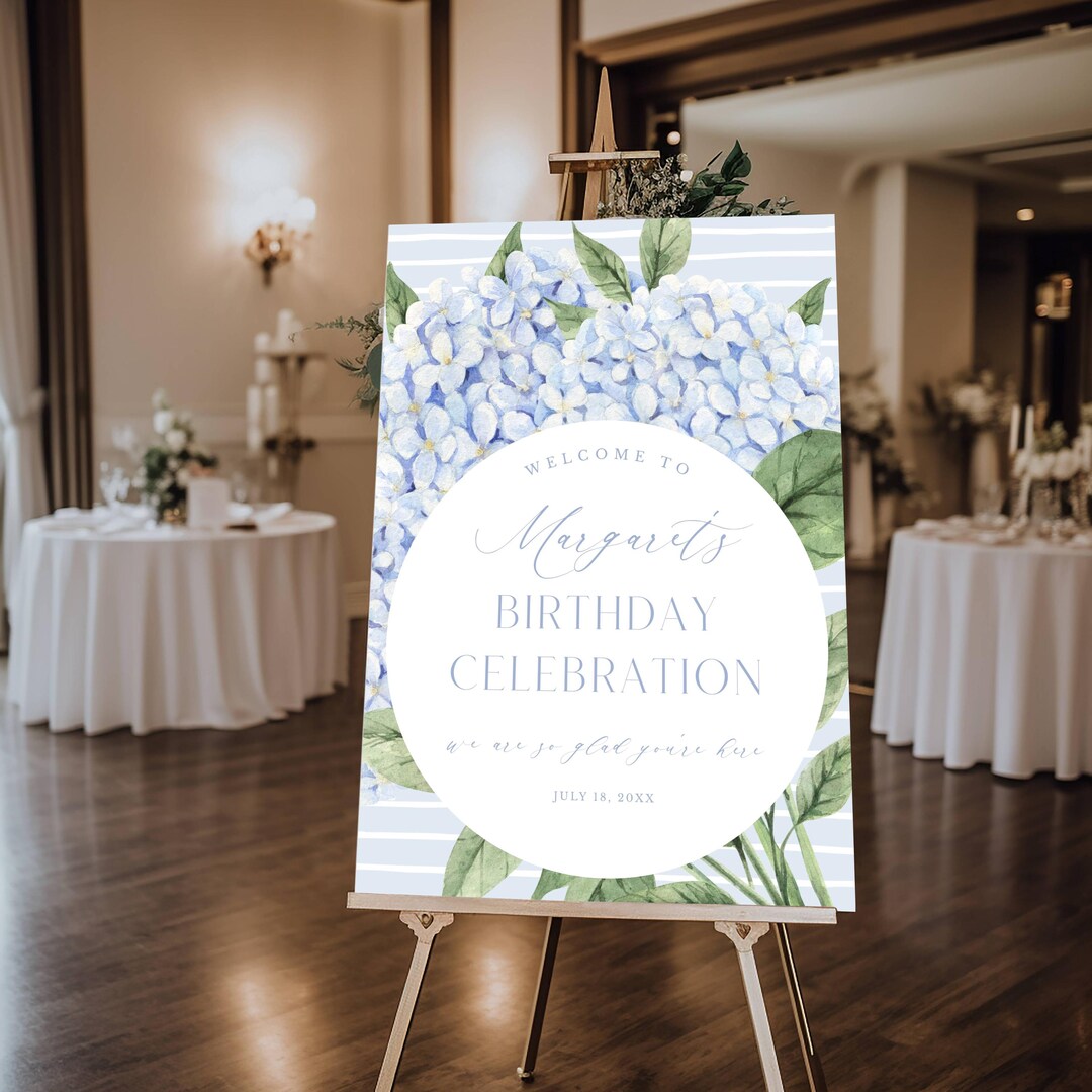 Blue Hydrangea Birthday Party Welcome Sign-edit Online | Blue Floral ...