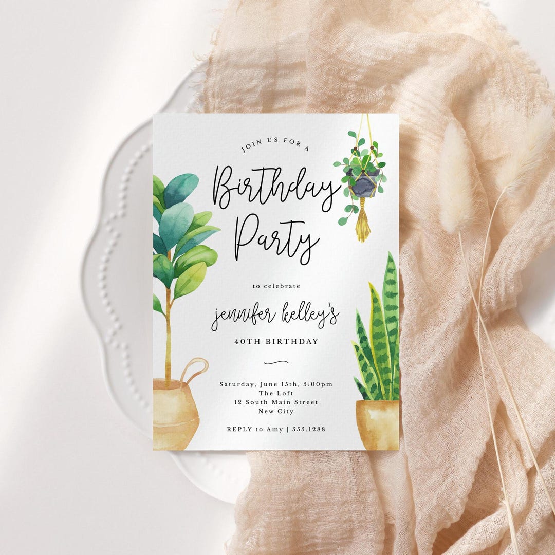 Plant Lover Birthday Party Invitation-edit Yourself Online, Watercolor ...