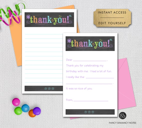 Fill in the Blank Thank You Note Paper, Two Sizes Lined or Fill in ...