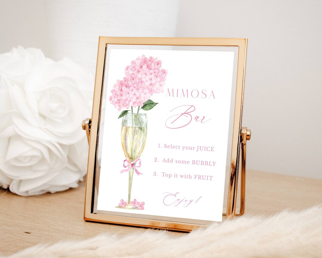 Pink Hydrangea Mimosa Bar Sign Gold Champagne Glass Bridal Shower Sign ...