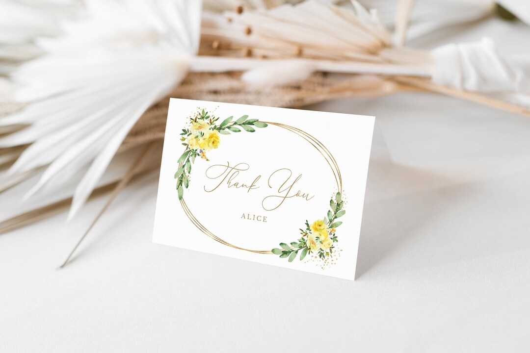 Editable Thank You Note, Yellow Roses Watercolor Flower Gold Frame ...