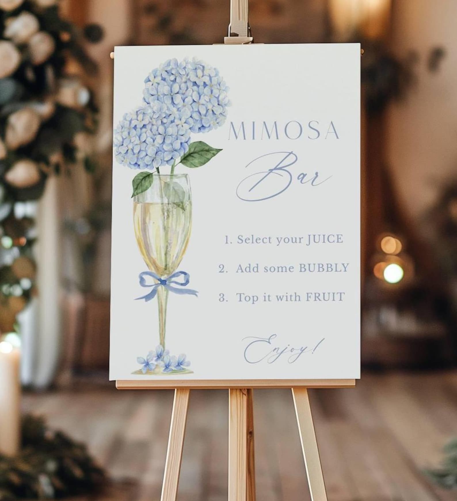 Blue Hydrangea Mimosa Bar Sign | Floral Champagne Glass, Corjl Editable ...