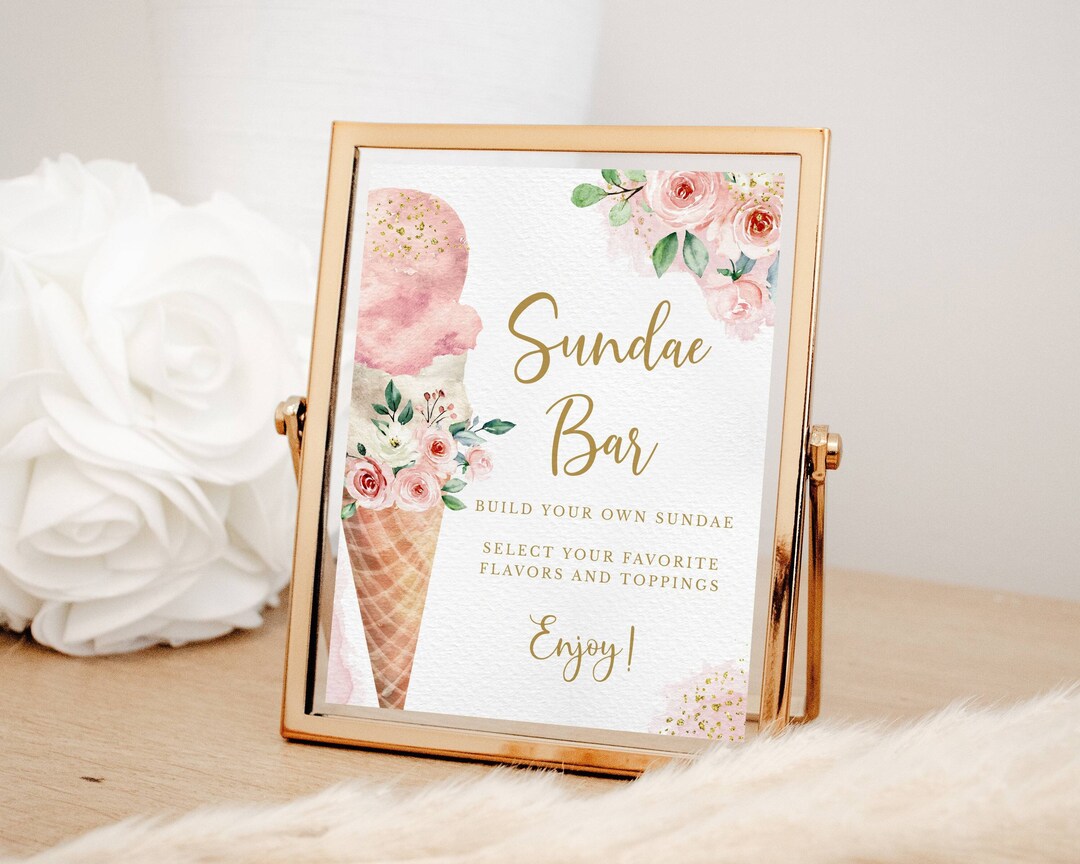 Ice Cream Sundae Bar Sign, Pink Watercolor Floral and Ice Cream Cone ...