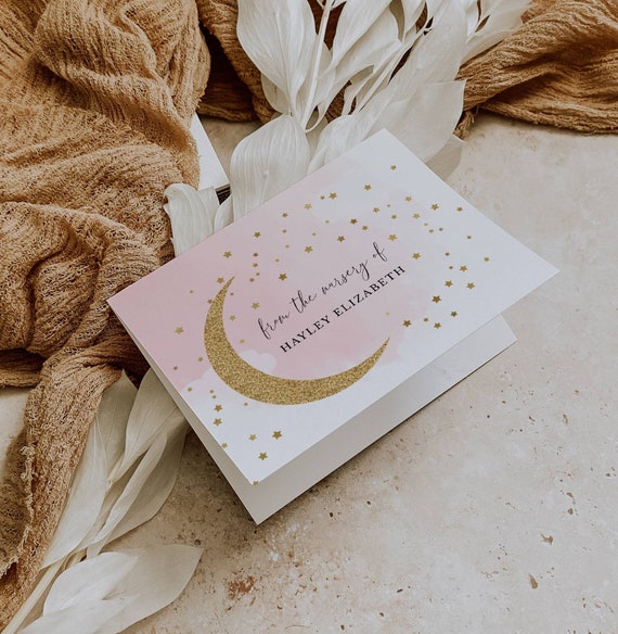 Editable Thank You Folded Note Card, Pink, Gold Glitter Moon and Stars ...