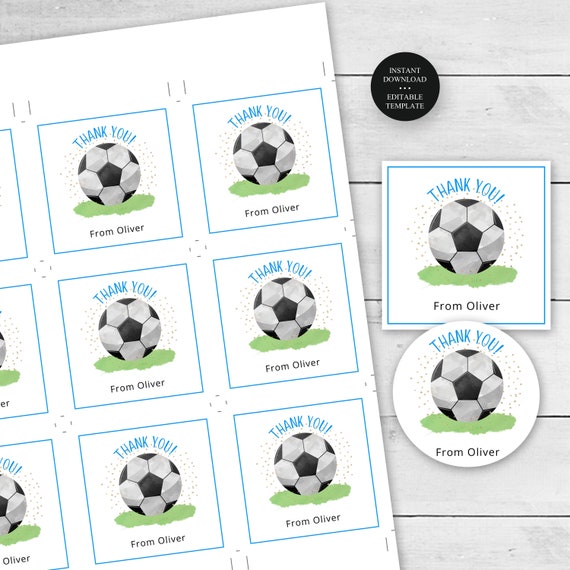 Soccer Ball Kick It Editable Thank You Favor Tags or Stickers, 3 sizes ...