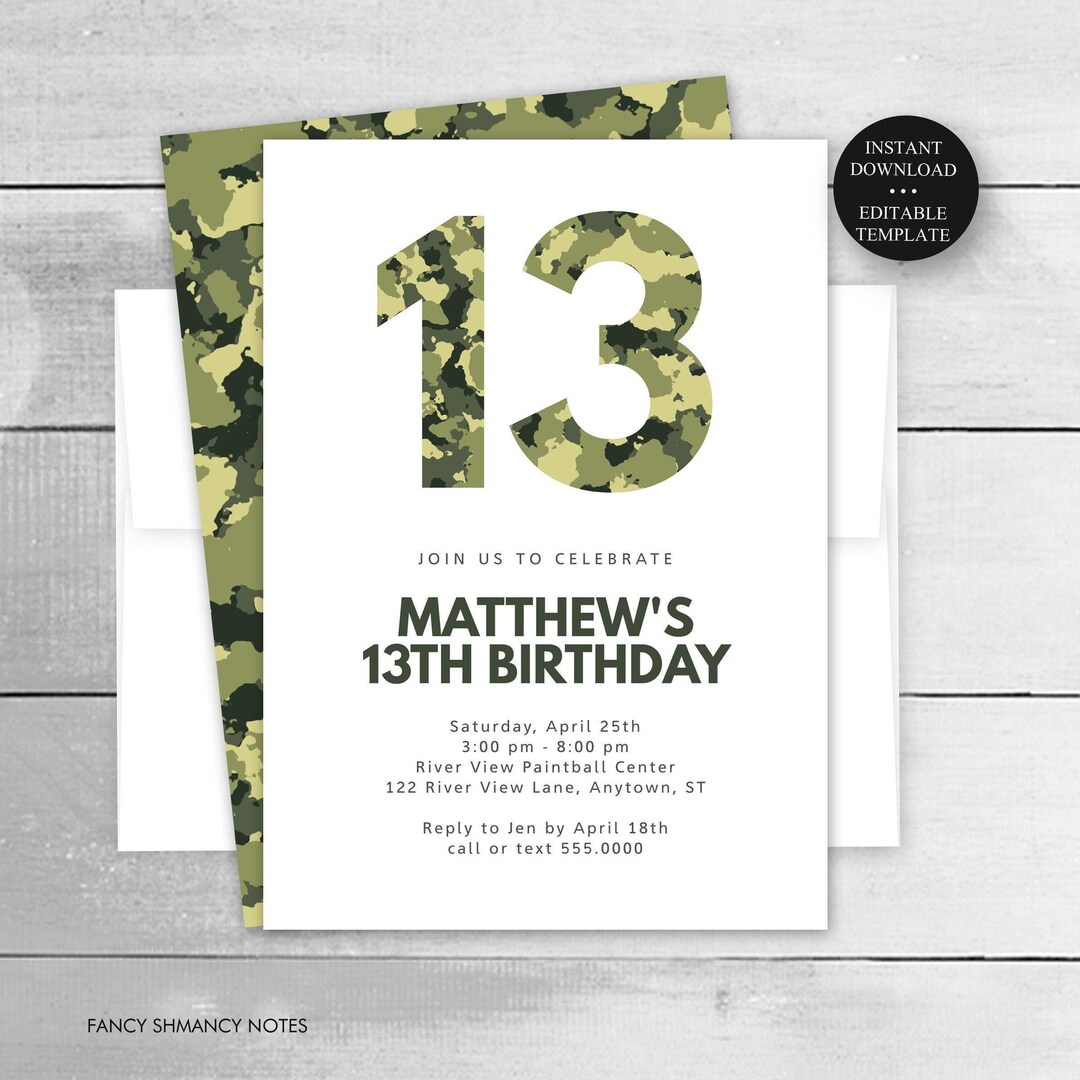 Green Camo Birthday Invitation Template, 4x6 and 5x7" Sizes, Edit ...
