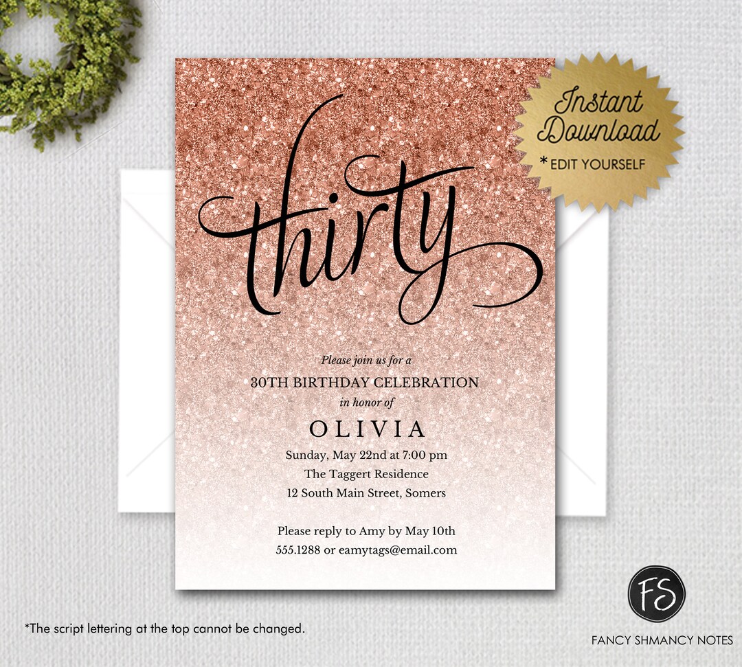 30 thirty Rose Gold Glitter Fancy Script Editable - Etsy Australia