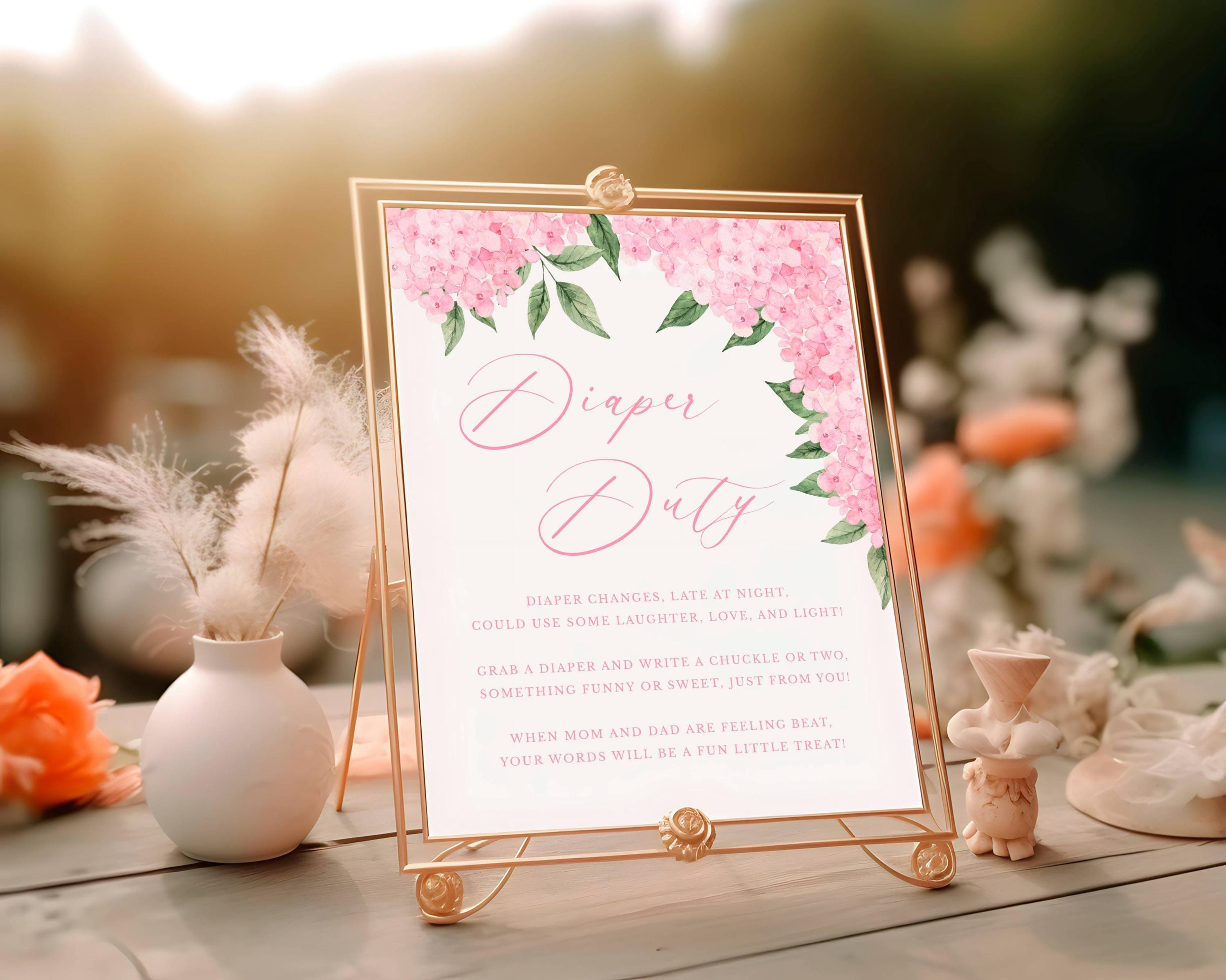 Pink Hydrangea Diaper Duty Activity Sign | Baby Shower Game | Late ...