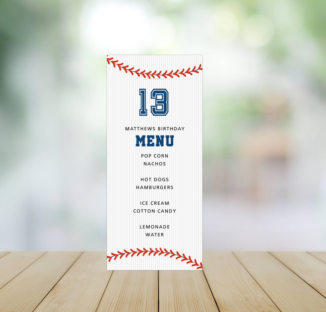 Baseball Birthday Party Editable Menu Card Teen Tween Kids Boy ANY Age ...