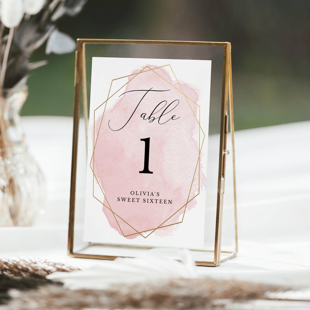 Pink and Gold Table Number Cards | 4x6" Editable Template | Watercolor ...