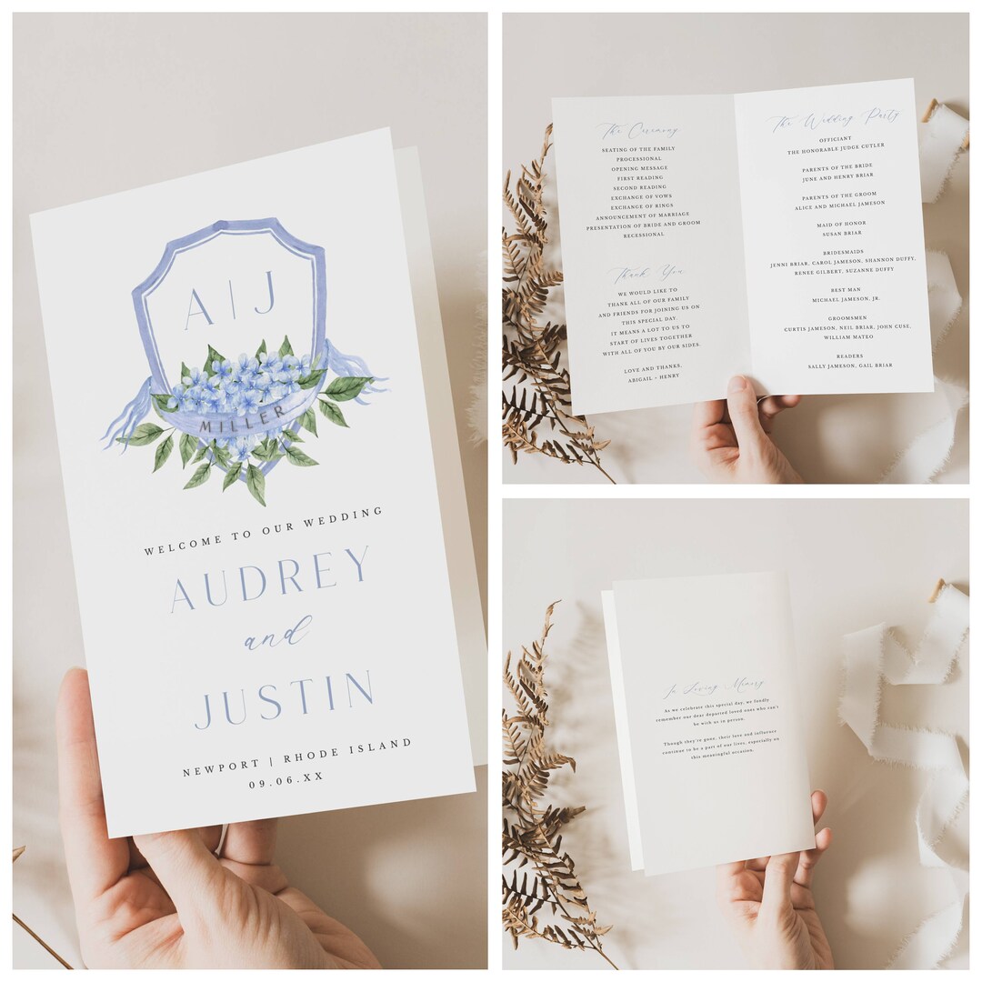 Editable Blue Hydrangea Program Booklet Watercolor Wedding Crest and ...