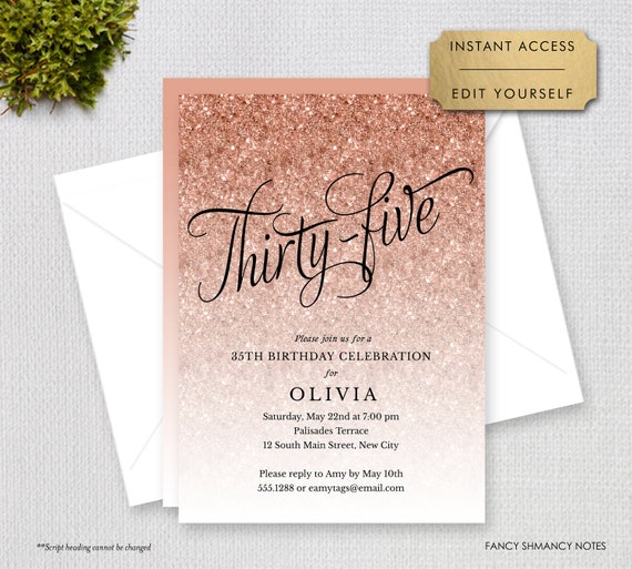 35 "Thirty Five" Rose Gold Glitter Fancy Script Editable Birthday Party ...