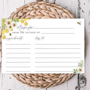 Bee Theme Printable 4x6" Recipe Card Bridal Shower Recipe Card Daisies ...