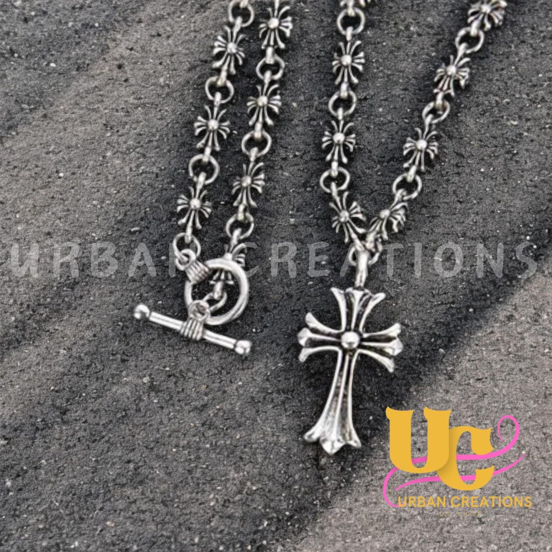 Gothic Style, Y2K Punk Cross Necklace Chrome Silver Punk Style Chain ...