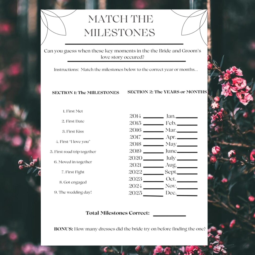 Match the Milestones Bridal Shower Game, Cute, Trendy, Printable ...