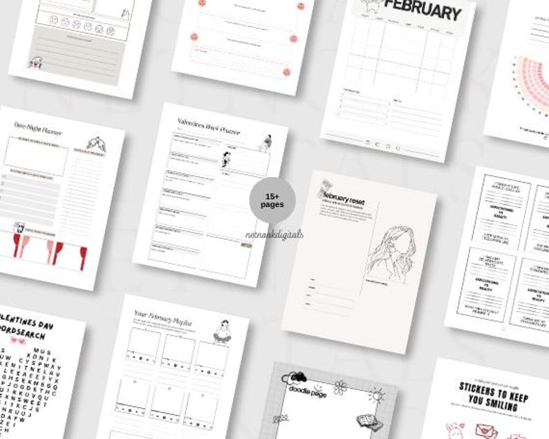 February Journal Bundle - Couples - PRINTABLE Journal Pages - BLACK ...