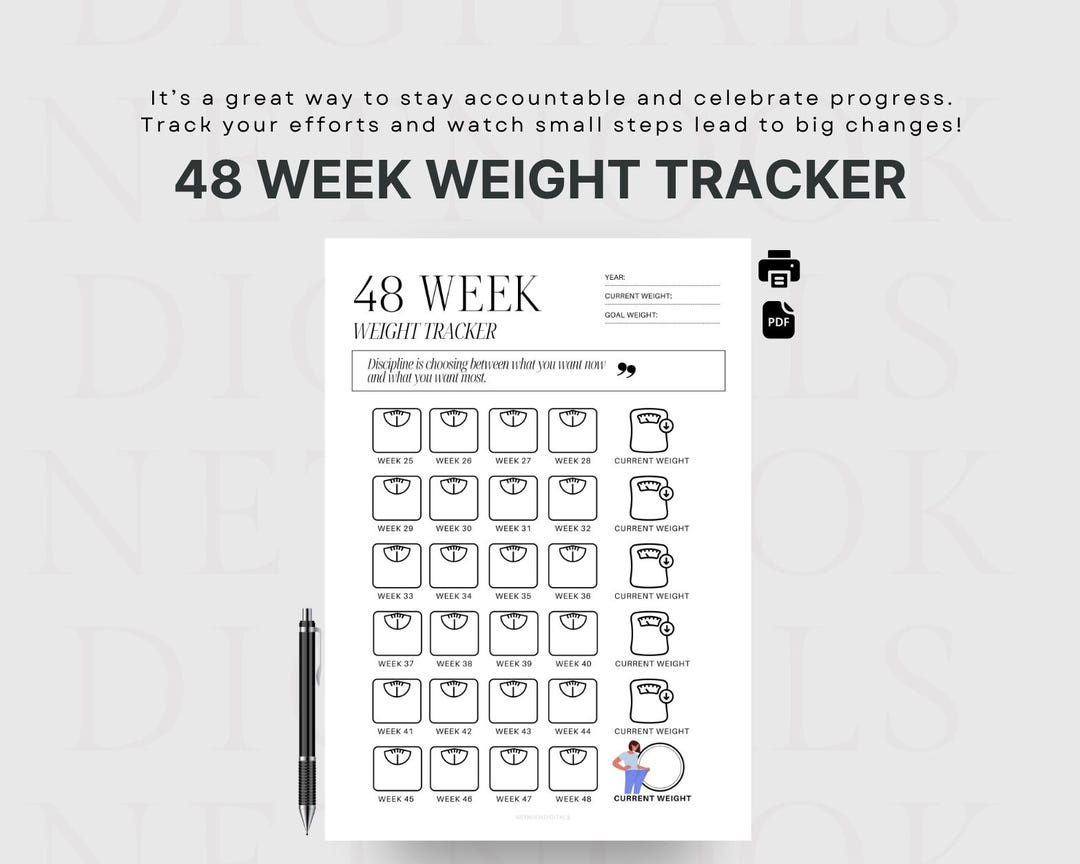 48 Week Weight Tracker Printable, 2 Pages, 12 Month Cute Digital Weekly ...