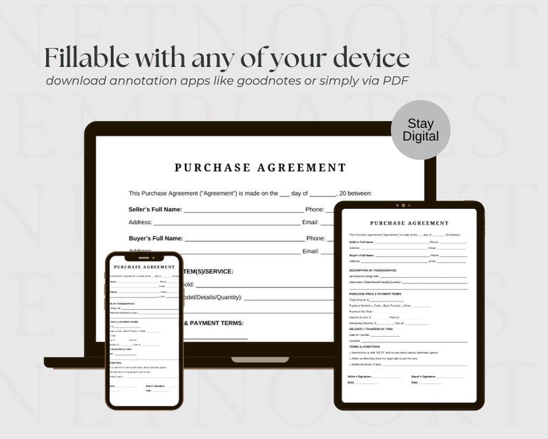 Printable Purchase Agreement Template. Editable Purchase and Sale ...