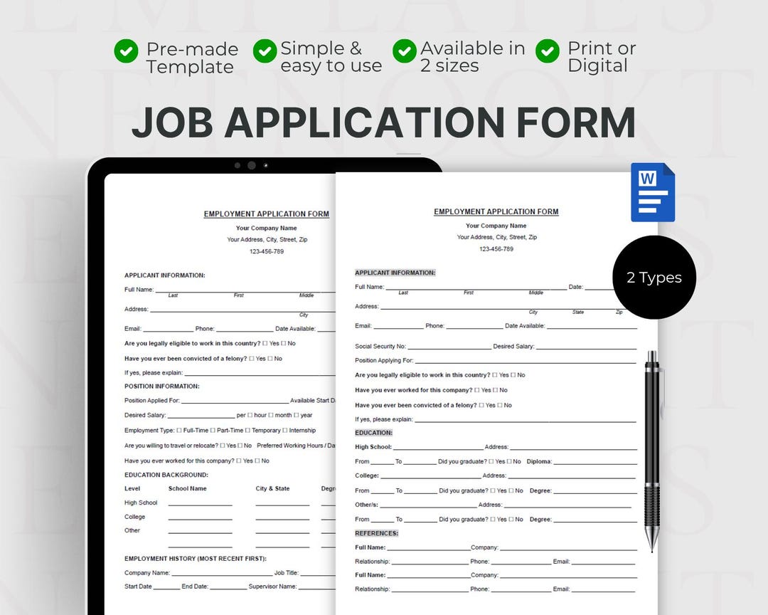 Printable Employee Application. Job Application Template. Application ...