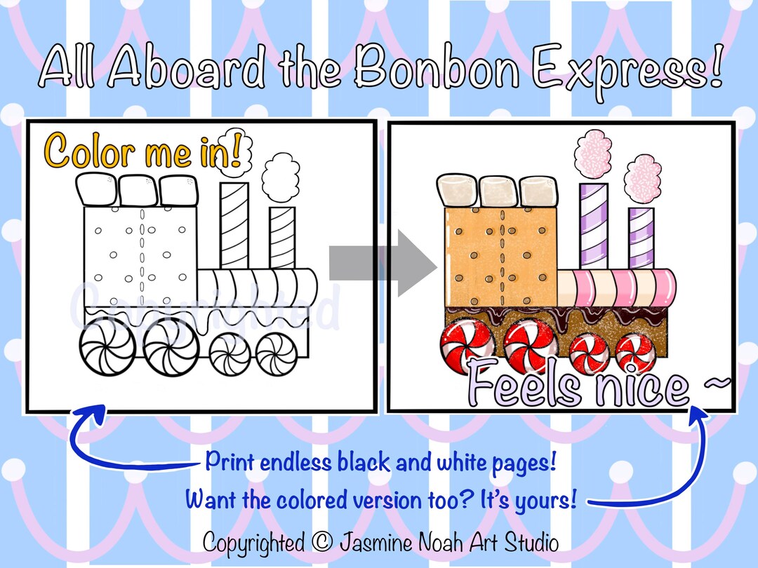 All Aboard the Bonbon Express Train Coloring Sheet Page, Bold & Easy ...