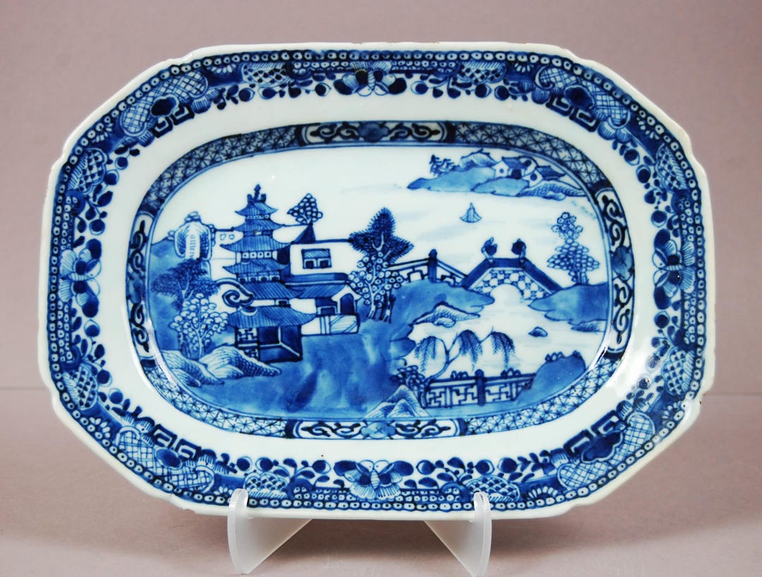 Antique Chinese Blue and White Plate, Qianlong Period River Landscape ...