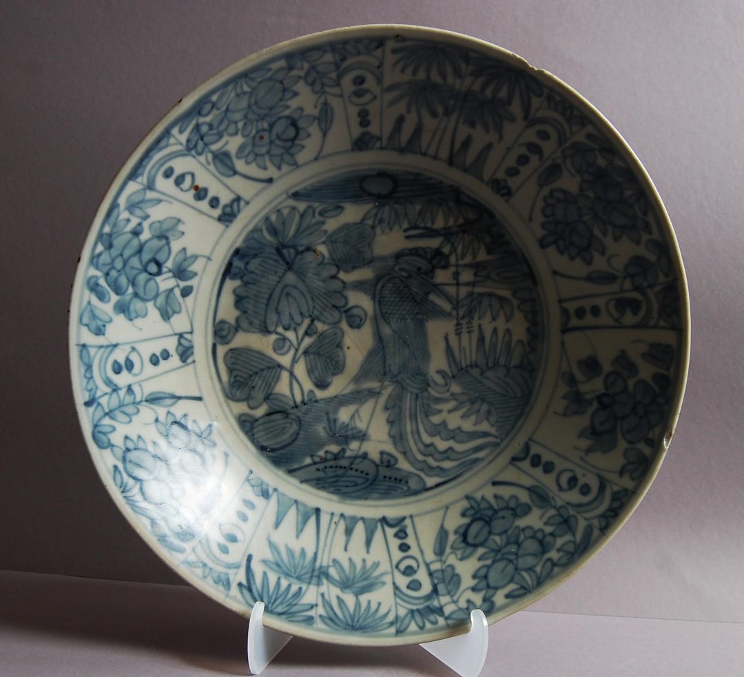 A Large Chinese Blue and White Plate With Standing Phoenix in a Garden ...