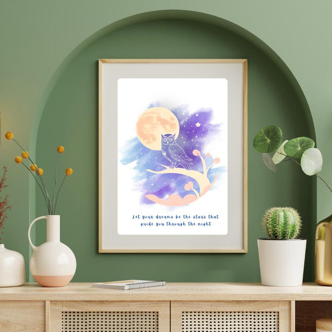 Night Owl Art Print,night Sky Painting,owl Poster,forest Animal Land ...