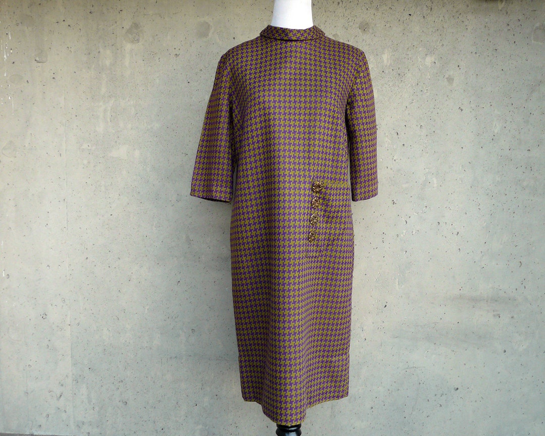 Vintage MCM Mod Green and Purple Houndstooth Shift Dress, Approx. 38 ...