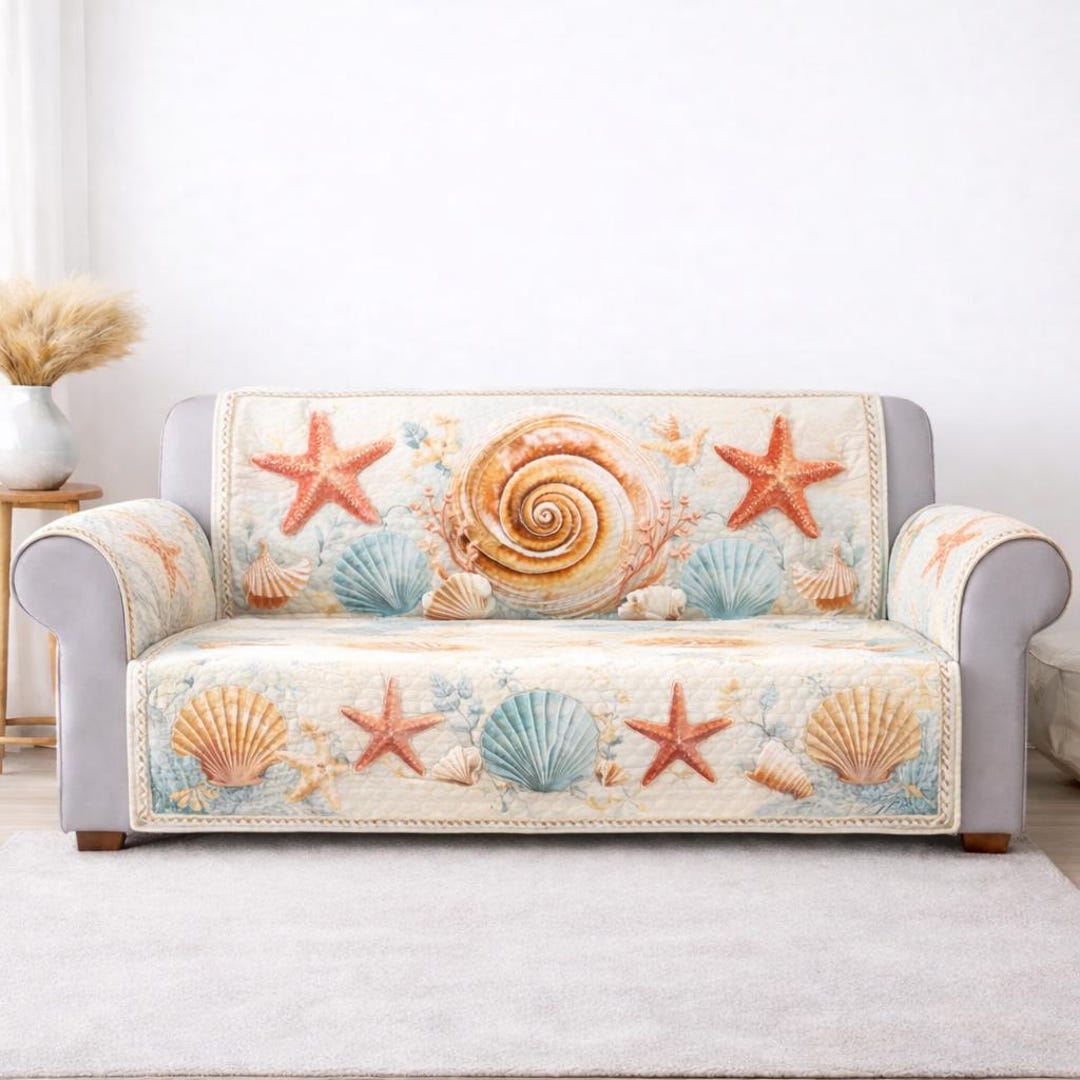 Coastal Seashell Sofa Quilt Cover, Beach Starfish Couch Cover, Ocean ...