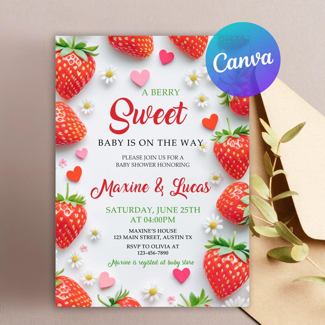Editable Berry Sweet Baby Shower Invitation, Girl Baby Shower Invite ...