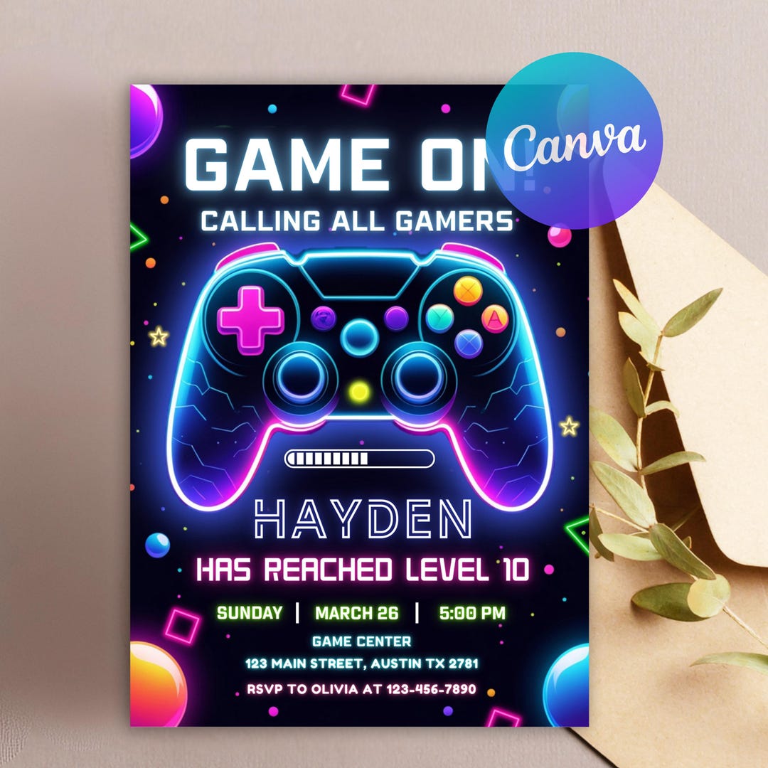 Editable Neon Game on Level up Gaming Birthday Party Invitation, Video ...