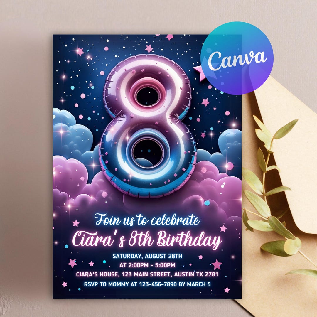 Pink 8th Birthday Invitation, Glitter Birthday Party, Rainbow Foil Girl ...