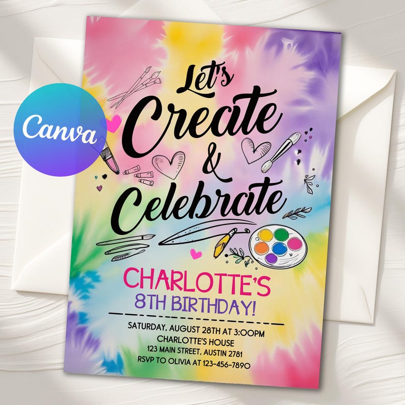 Editable Art Birthday Party Invitation, Tie Dye Arts and Crafts ...