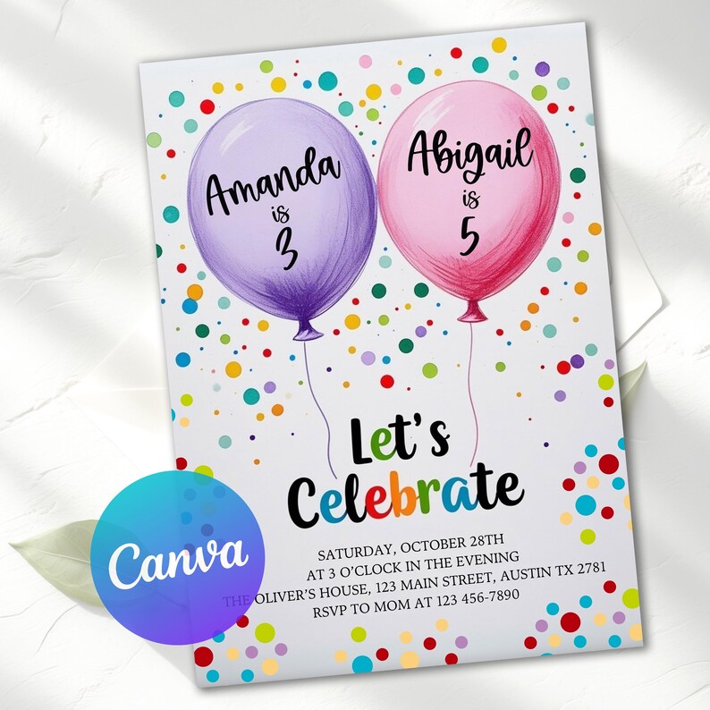 Join Party Birthday Invitation, Siblings Birthday Party, Double ...