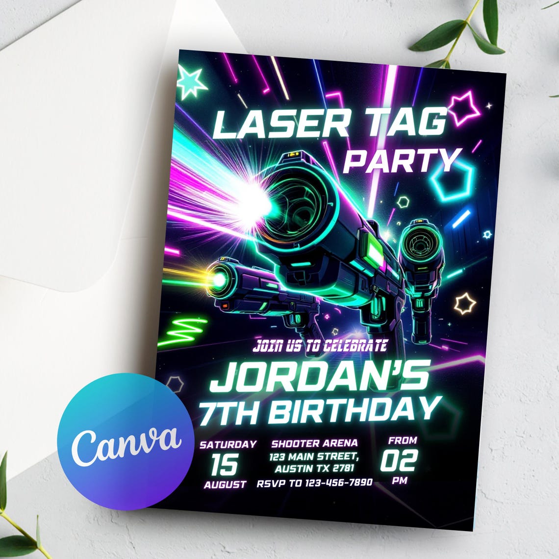 Editable Laser Tag Birthday Invitation, Laser Tag Invitation, Neon ...