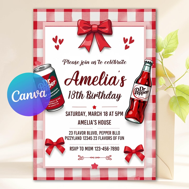 Dr Pepper Party Invitation, Custom Soda Pop Printable, Editable Canva ...