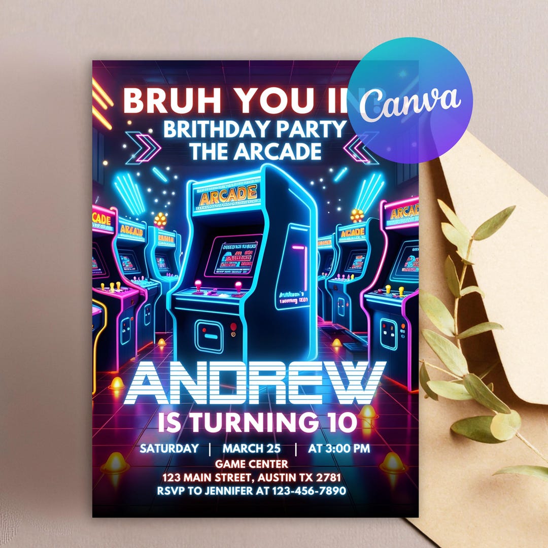 Arcade Birthday Invitation, Retro Gaming Party Invite, Bruh Birthday ...