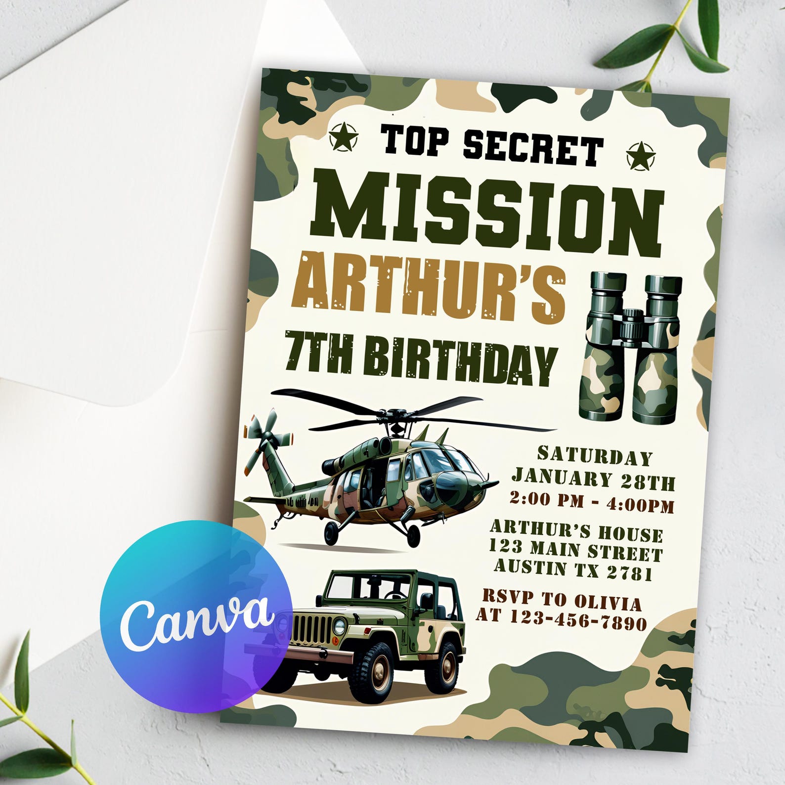 Army Birthday Invitation for Kids, Editable Military Party Invite ...