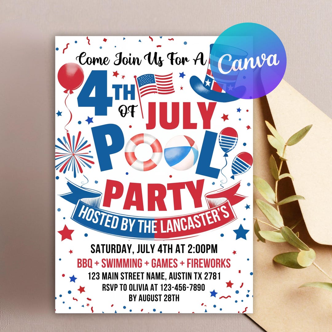 Editable Independence Day Pool Party Patriotic, 4th of July Pool Party ...