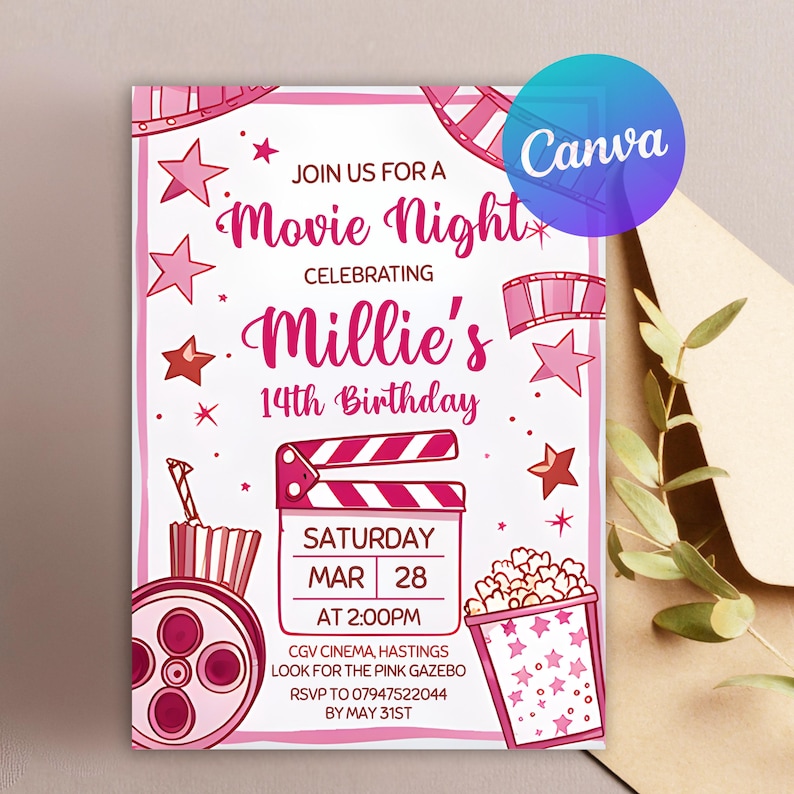 Movie Night Birthday Invitation, Cinema Pastel Pink Movie Popcorn ...