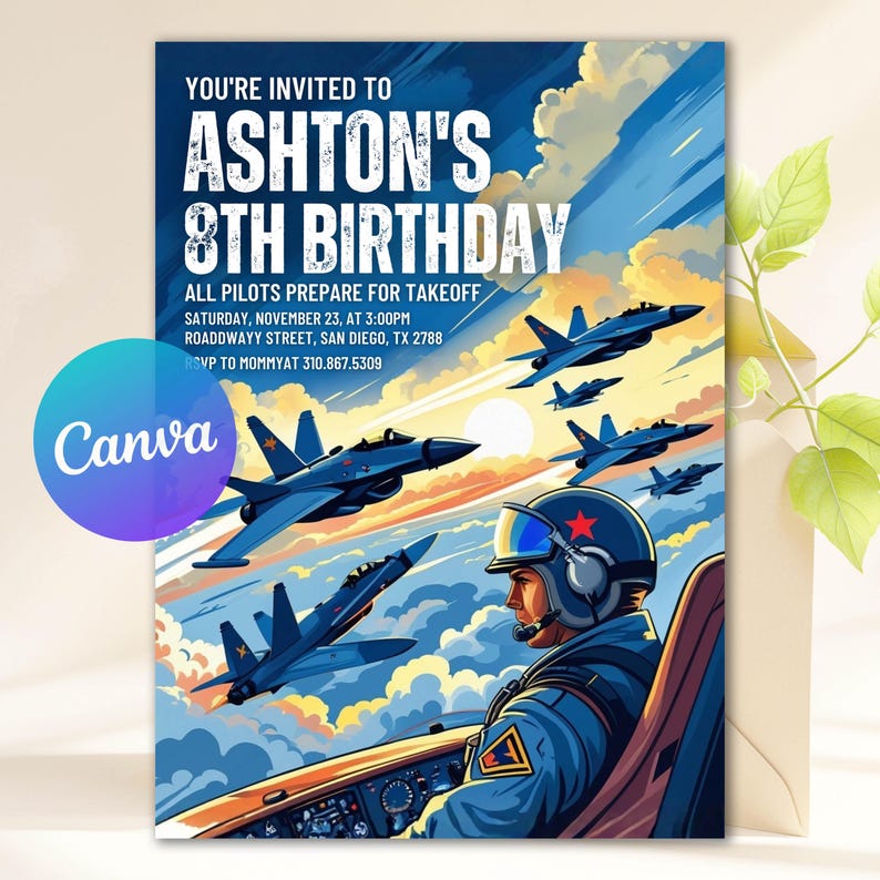 Editable Fighter Pilot Birthday Invitation, Jet Pilot Theme, Boy ...