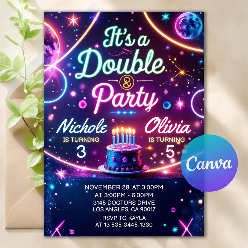Neon Double Birthday Invitation, Neon Glow Joint Invitation, Siblings ...